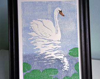 Swan Nest Linocut Print Handmade A4 Artwork White Bird in Green River ...
