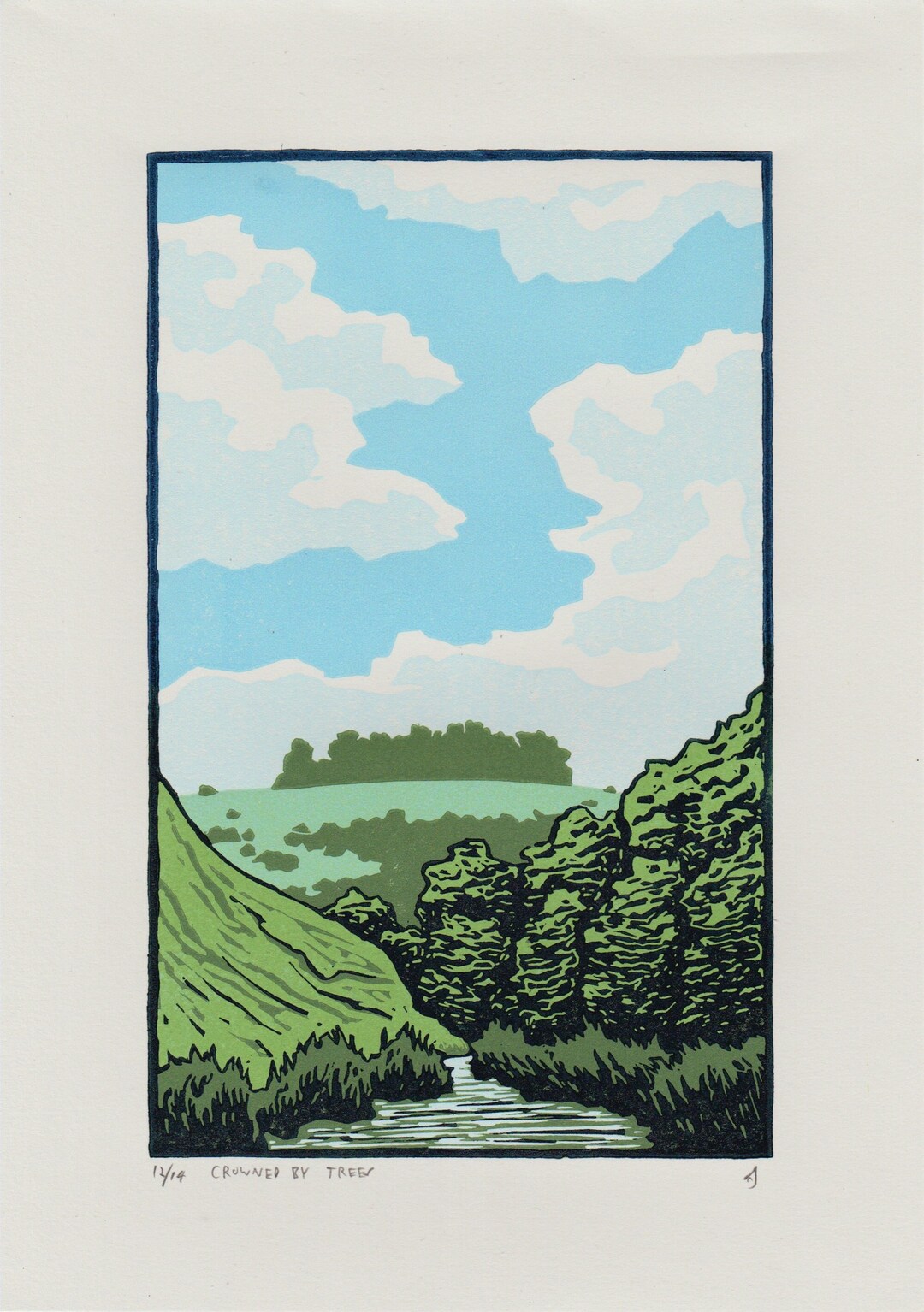 Linocut Landscape, Valley and Stream Lino Print, Handmade Wall Art ...