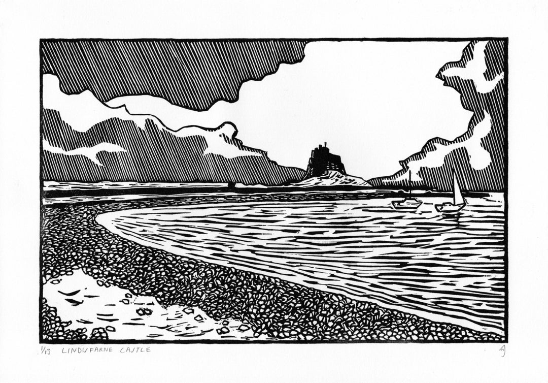 Lindisfarne Castle Beach Linocut Print, Northumberland Coast Landscape ...