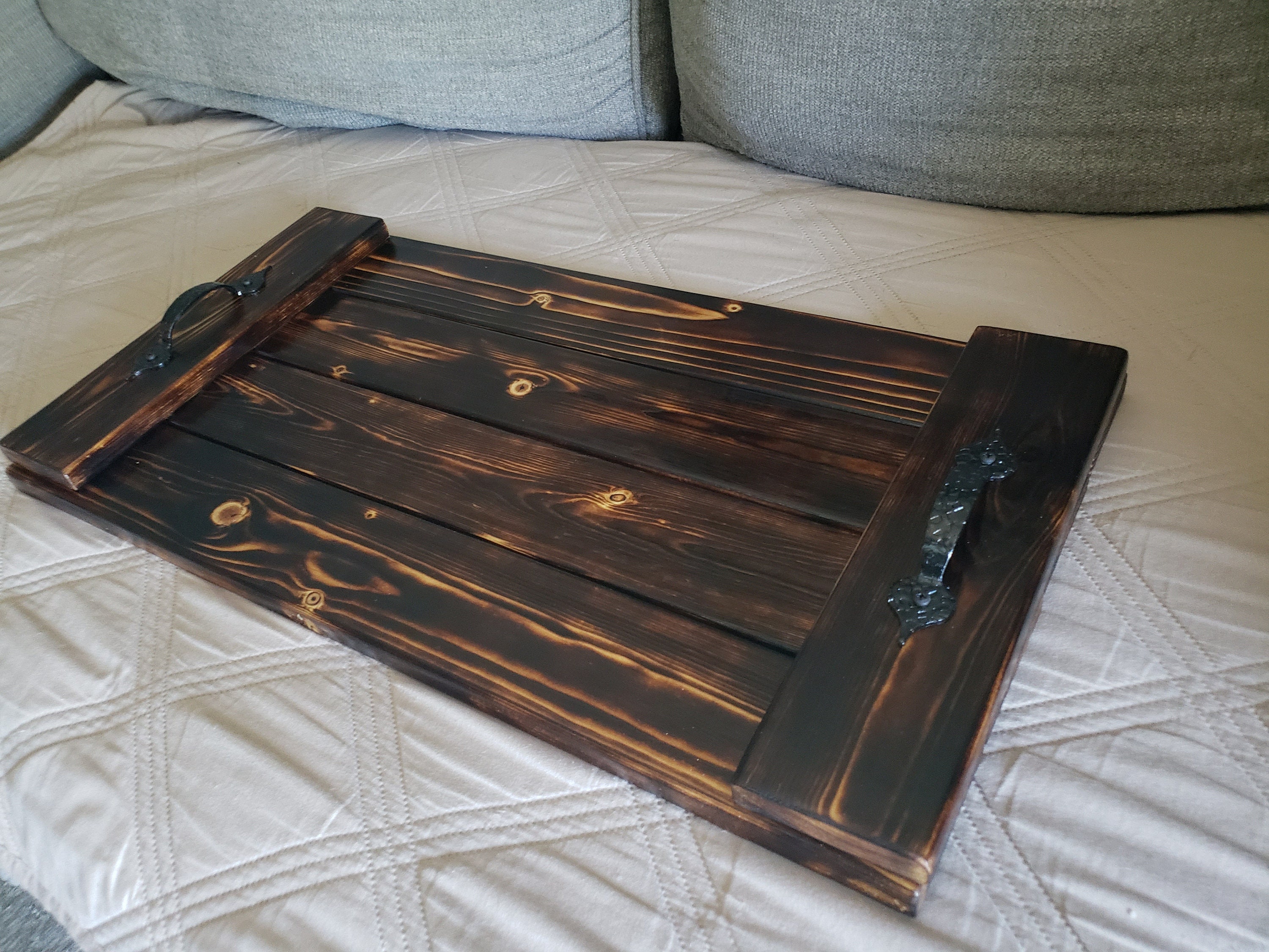 Farmhouse Rustic Burnt Wood Serving Tray With Handles/ Country ...