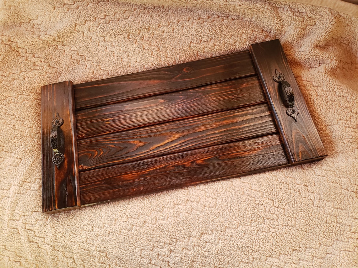 Farmhouse Rustic Burnt Wood Serving Tray With Handles/ Country ...