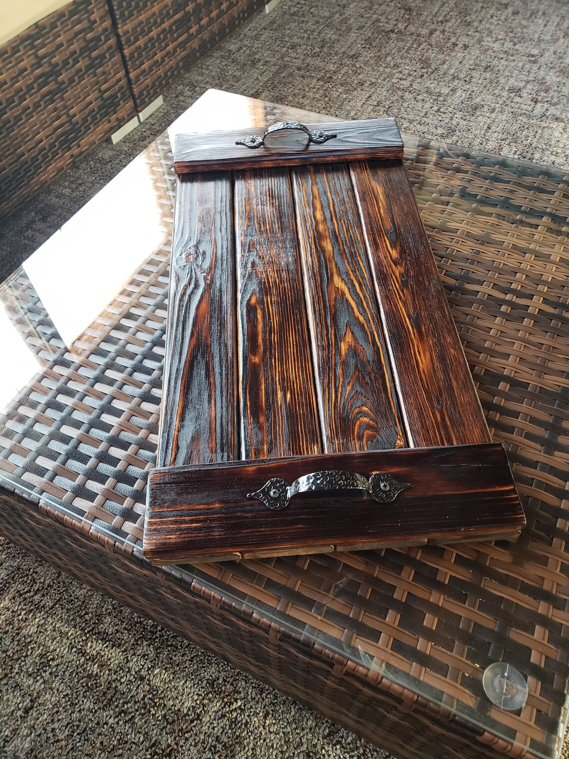 Farmhouse Rustic Burnt Wood Serving Tray With Handles/ Country ...