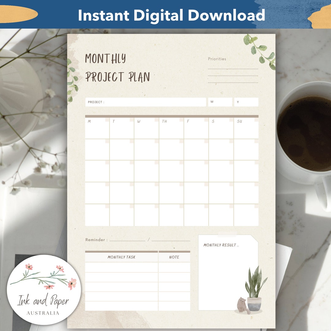 Páginas imprimibles del plan de proyecto mensual A4 - Etsy España