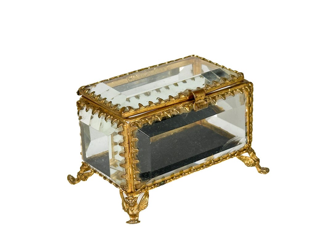 Antique Jewelry Box Ormolu Brass Jewelry Box With Beveled Glasses Feet ...