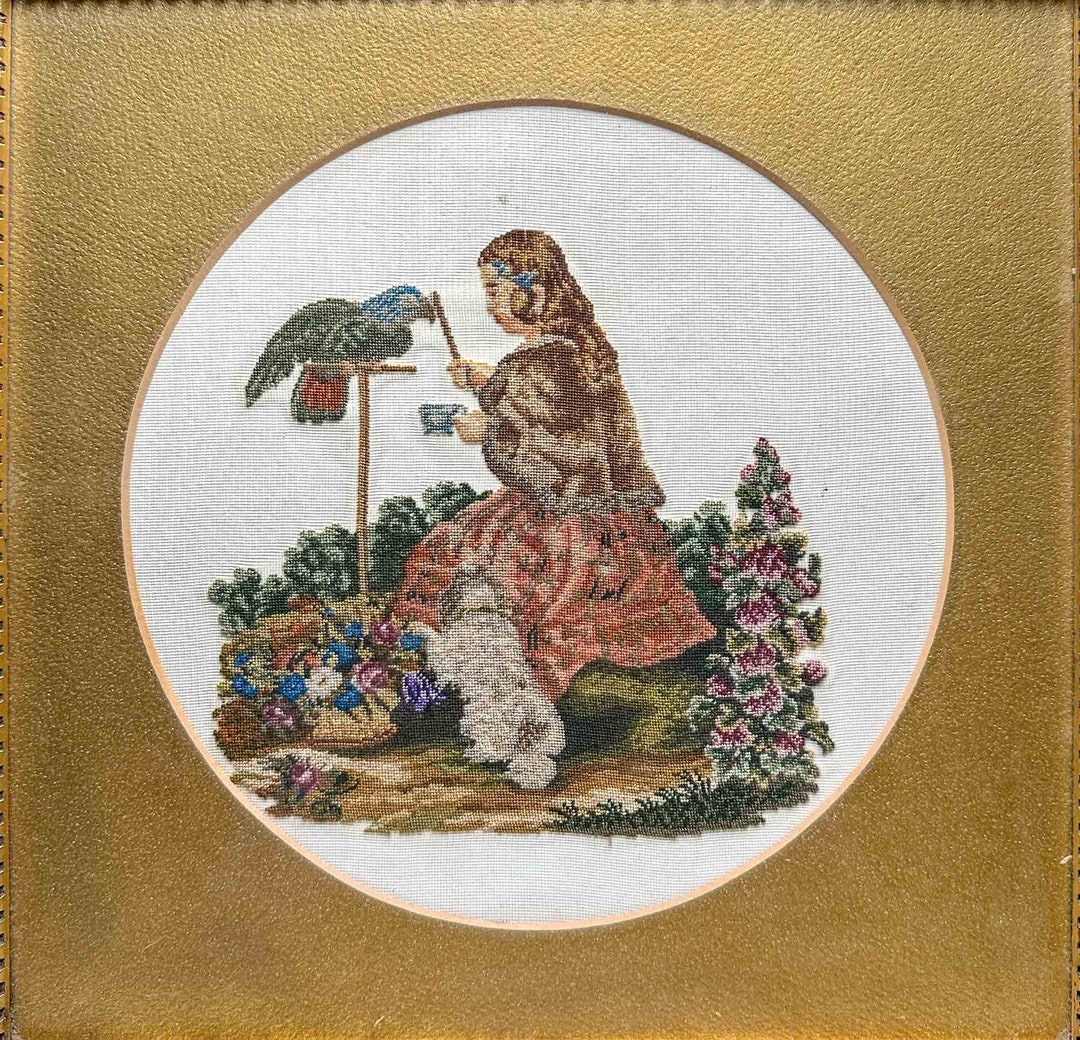 Victorian Large Embroidery Picture Girl With Dog and Parrot Antique ...