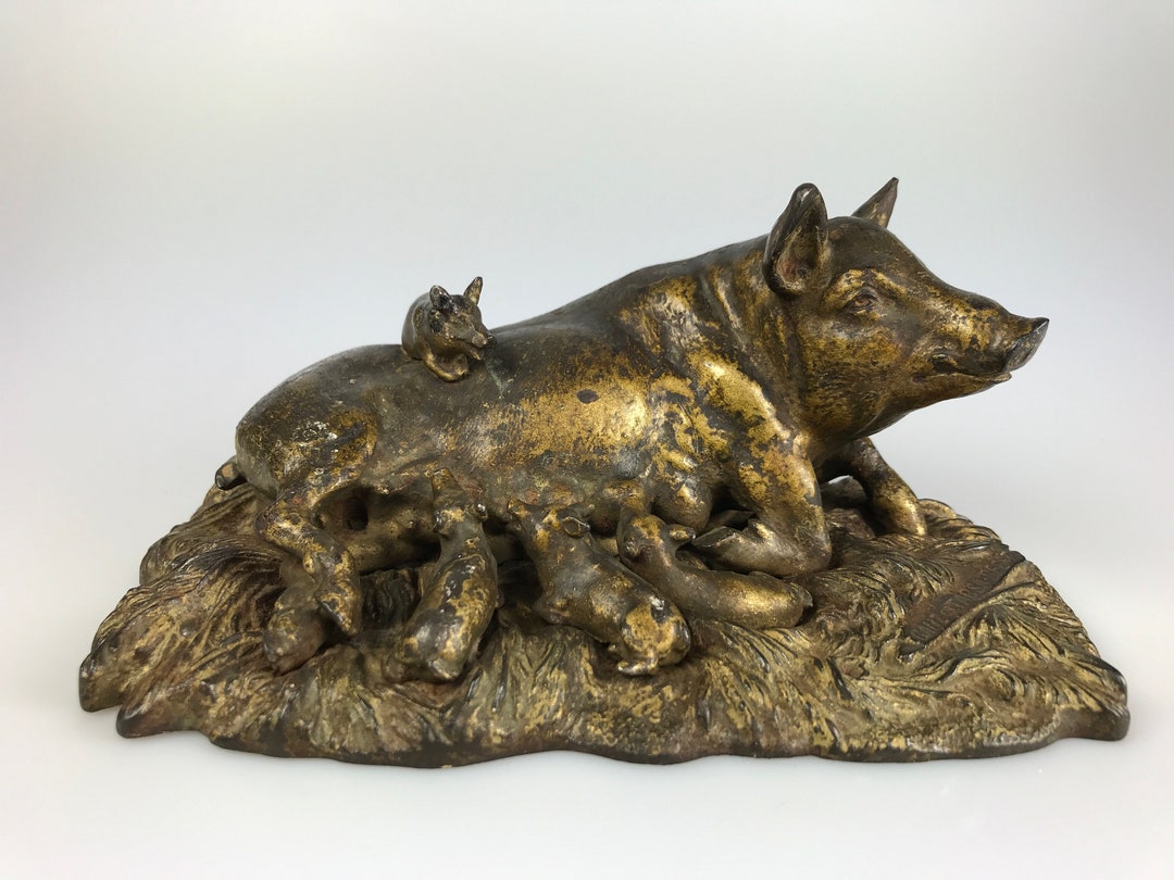 Antique Cast Iron Pig With Piglets Sculpture Paperweight Metal 19th ...