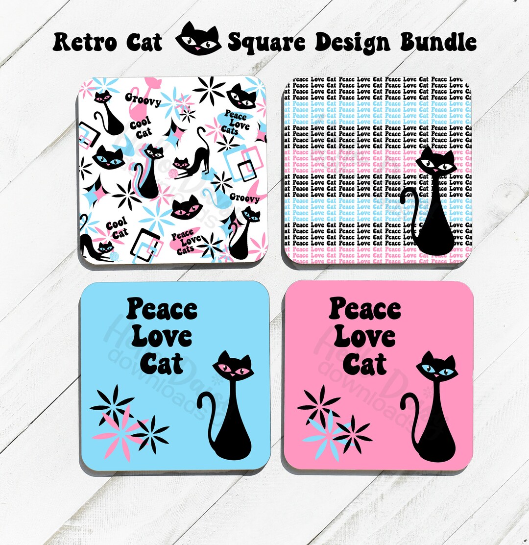 Retro Square Design Retro Atomic Groovy Black Cat Kitten Instant ...