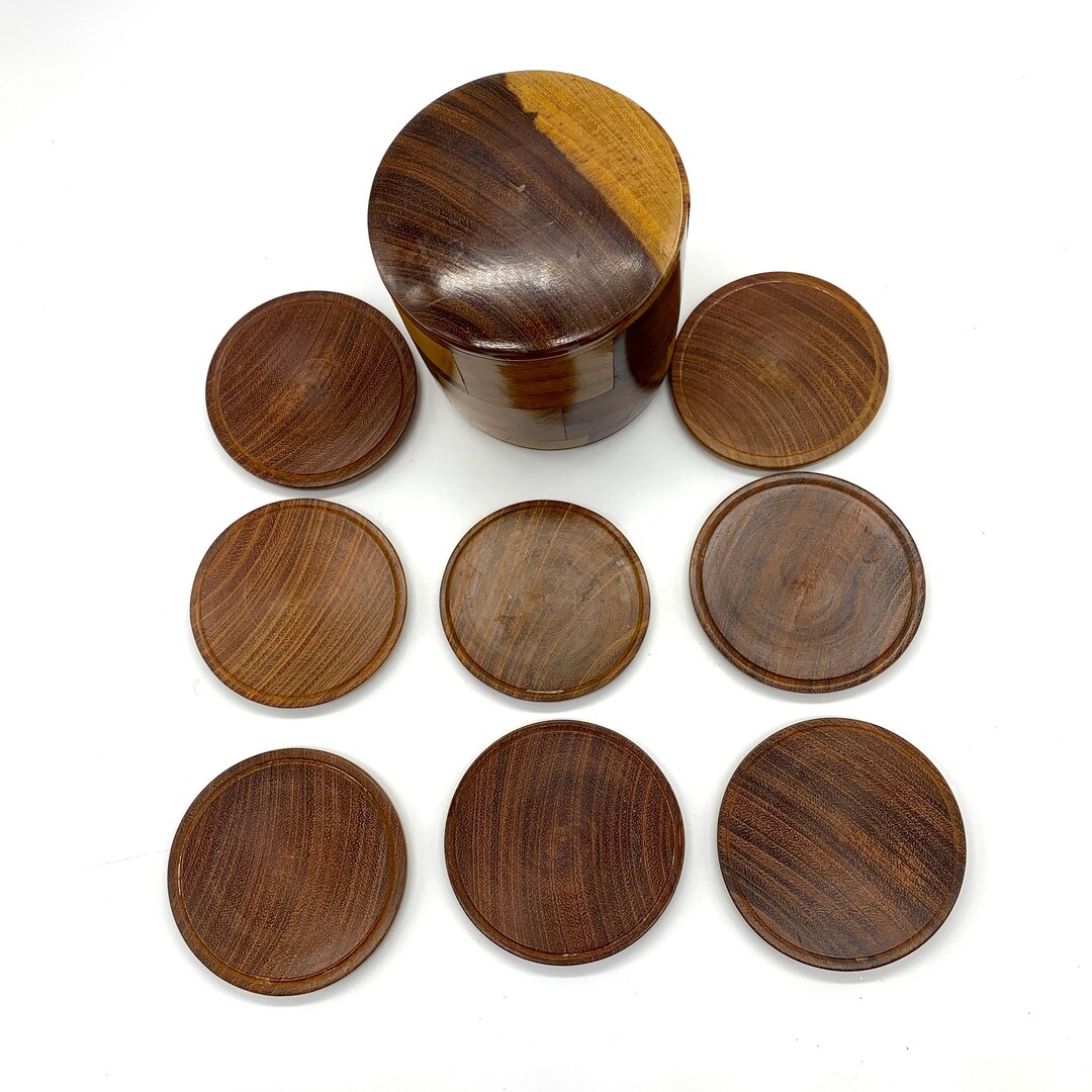Vintage Inlaid Wood Coasters | Box Set With 8 Coasters | Parquet Round ...