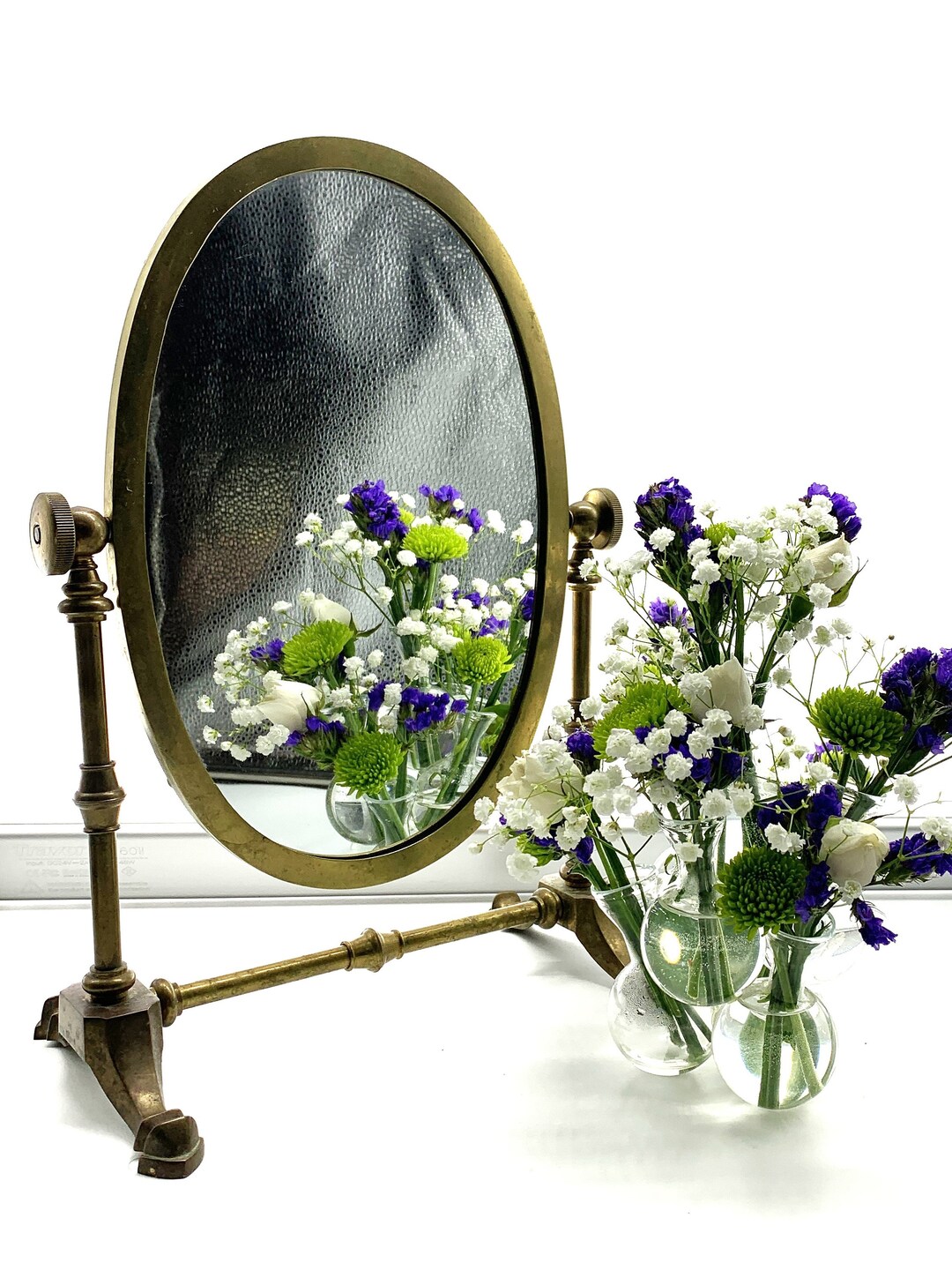 Vintage English Style Brass Mirror | Oval Tabletop Cheval Mirror ...