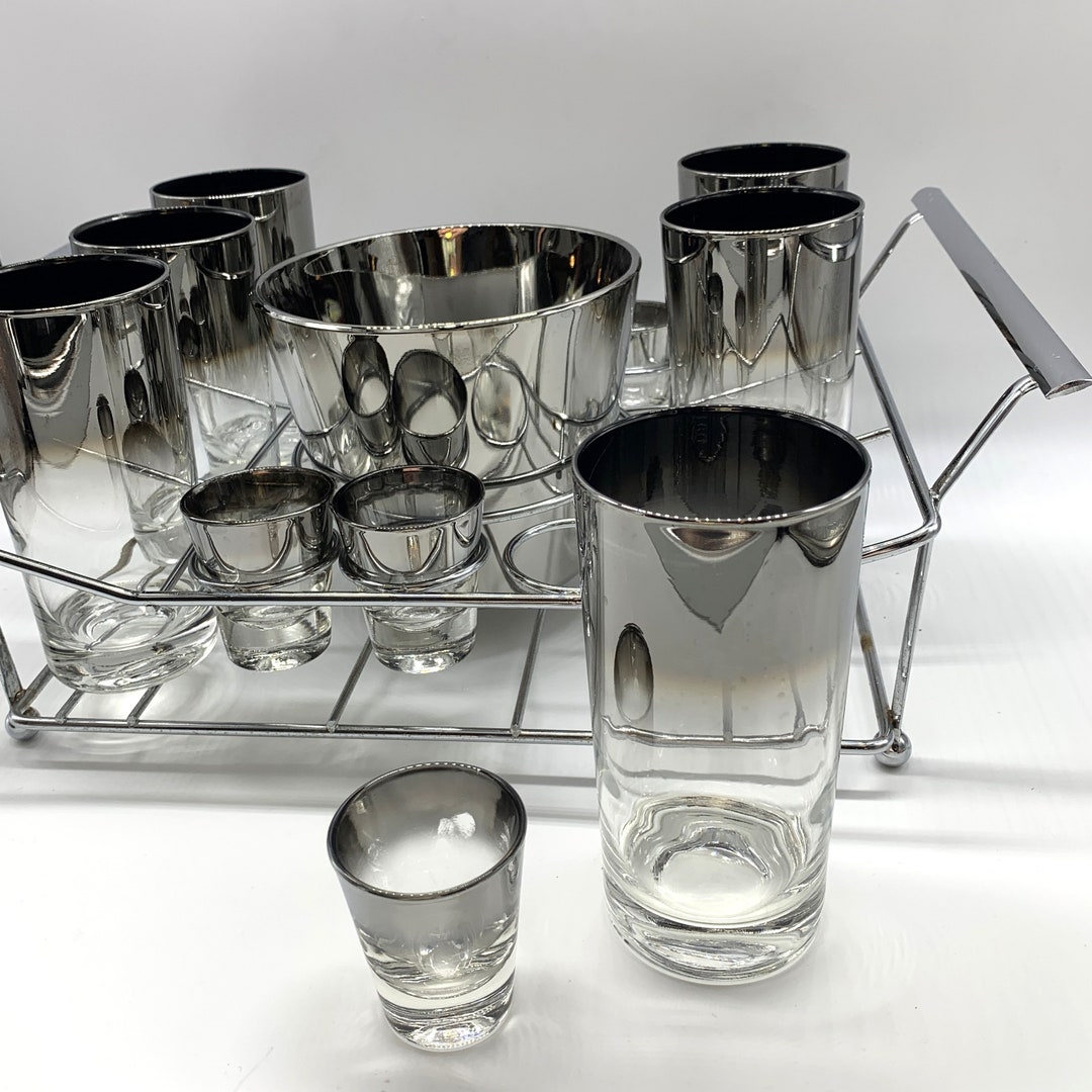 Vintage MCM Mercury Silver Fade Bar Set | Tumblers Ice Bucket Shot ...