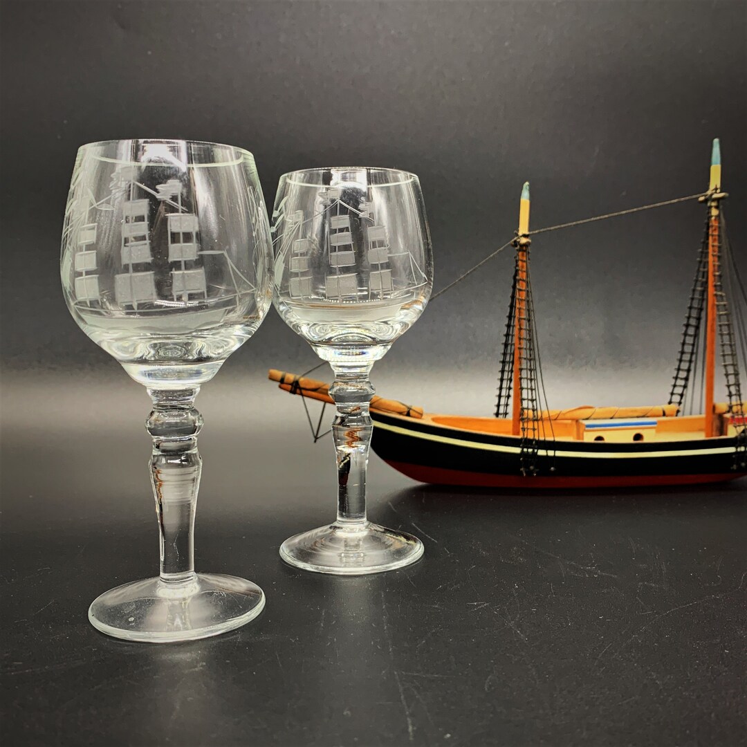 Vintage Etched Ship Schooner Sherry Glasses Nautical Barware Stemmed ...