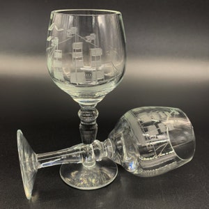 Vintage Etched Ship Schooner Sherry Glasses Nautical Barware Stemmed ...