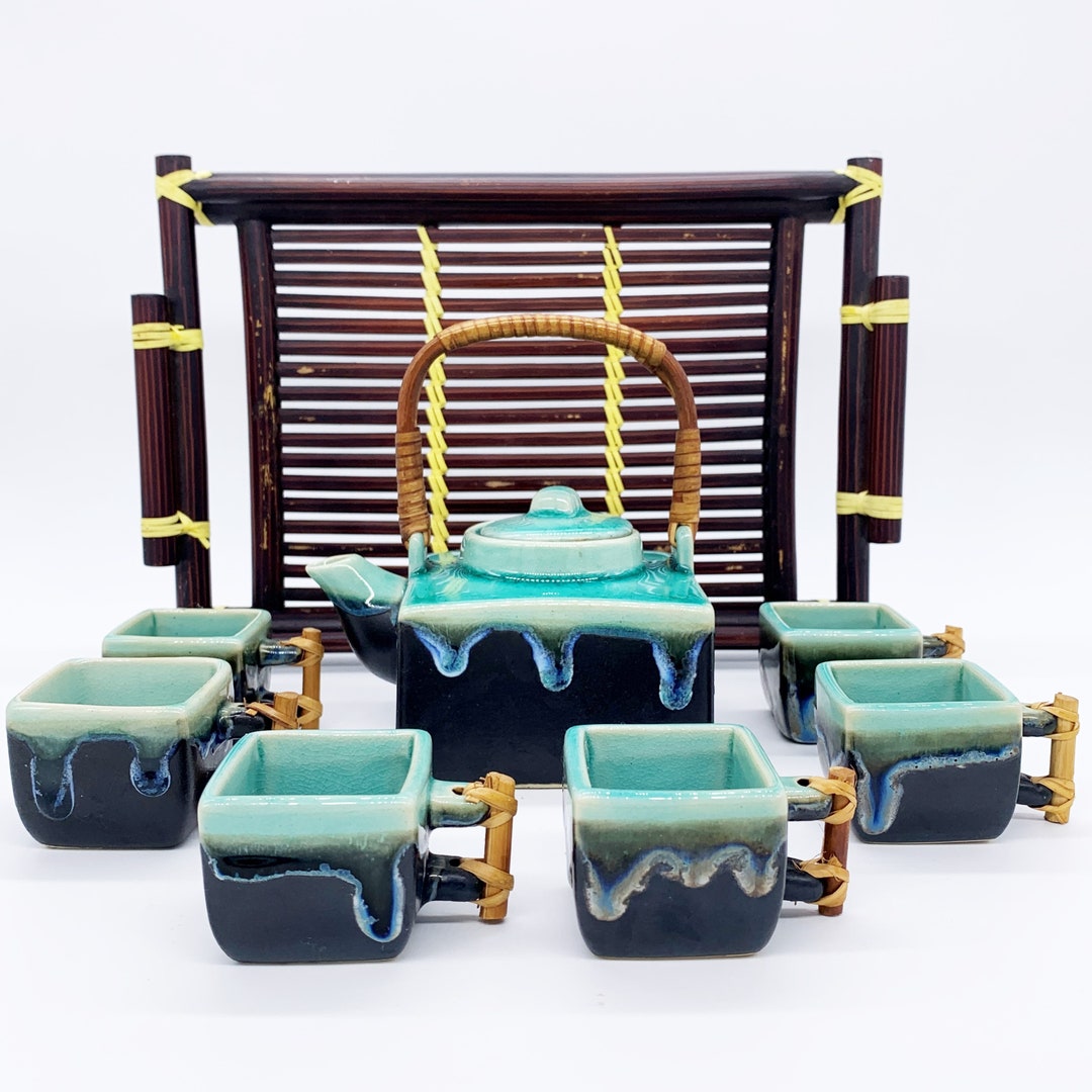 Vintage Mid-century Ceramic Tea Set Drip Glaze Ceramic With Bamboo ...