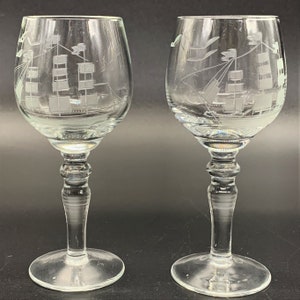 Vintage Etched Ship Schooner Sherry Glasses Nautical Barware Stemmed ...