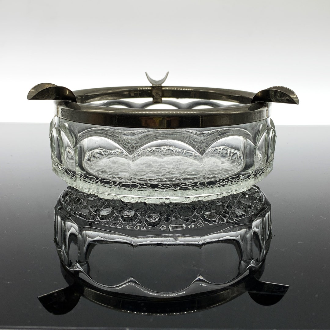 Vintage Mid Century Glass Ashtray With Silver Rim | Art Deco Cut Glass ...
