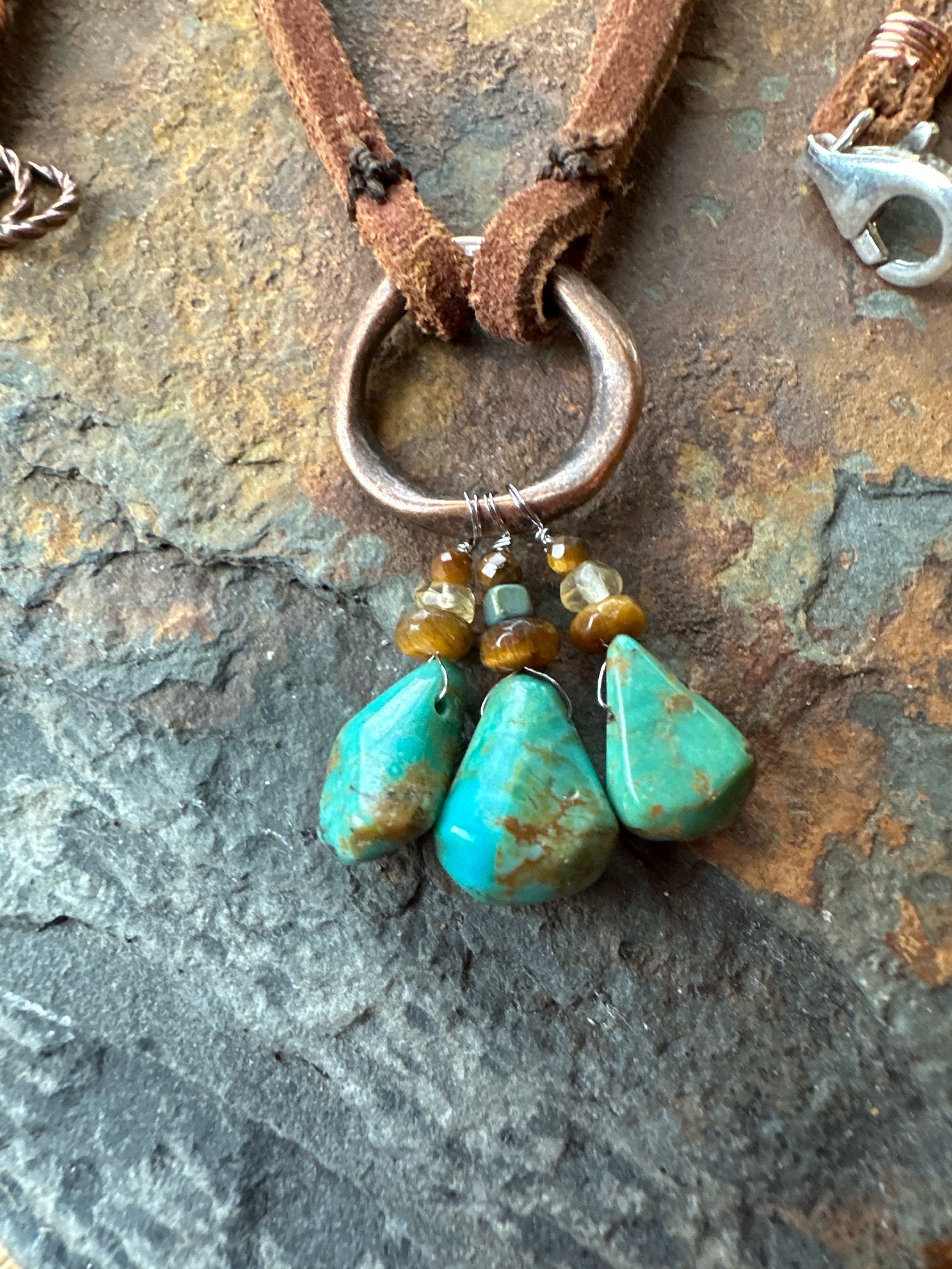 Genuine Turquoise Suede Copper and Sterling Silver Necklace - Etsy