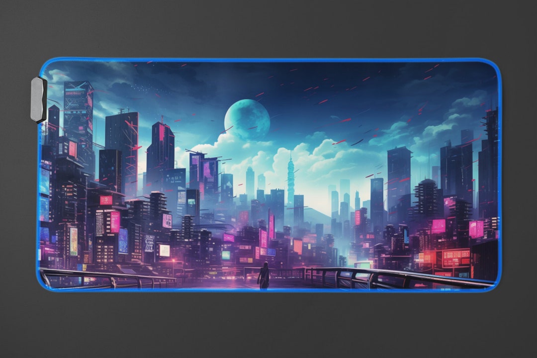 Japanese City Gaming Desk Pad, Retrowave Mouse Pad, Japan LED Light ...