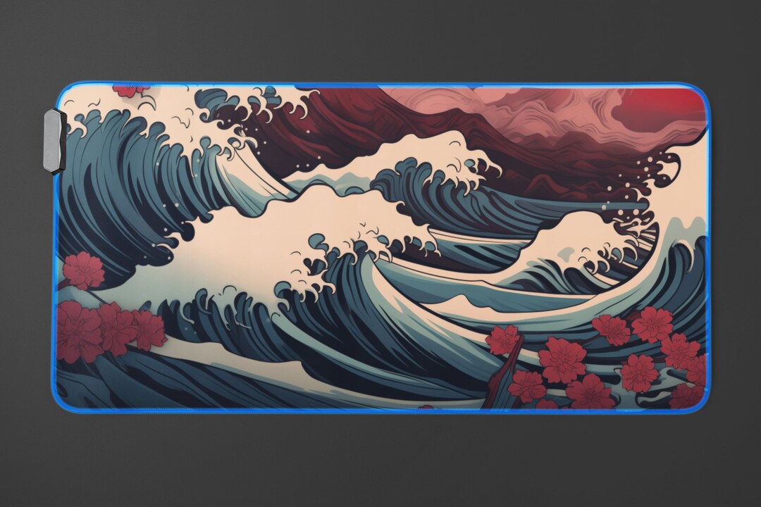 Japanese Great Wave Gaming Desk Pad,neon Retrowave RGB Led Light Mouse ...