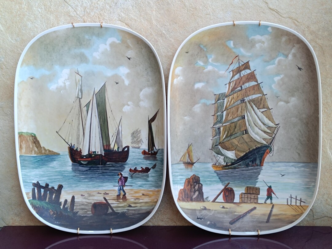 1950s JULIUS Hand Painted Ships Plates, Spanish Porcelain, Porcelain ...