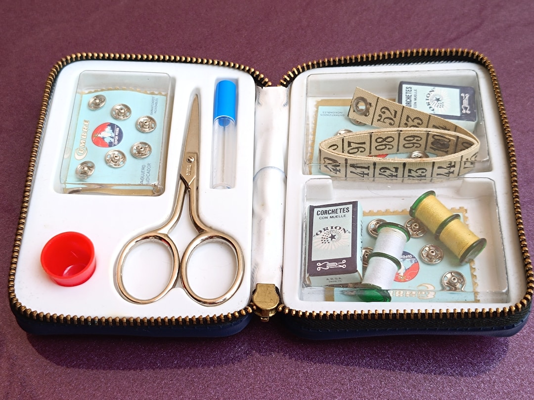 1960 Sewing Kit, Scissors, Cufflinks, Thimble, Thread, Threads Box ...