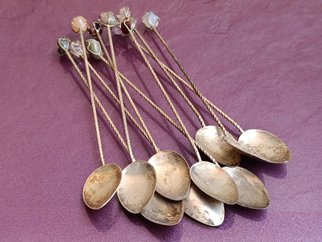 1950s Silver Cocktail Spoons Set With Stones, Silver Cocktail Spoon ...