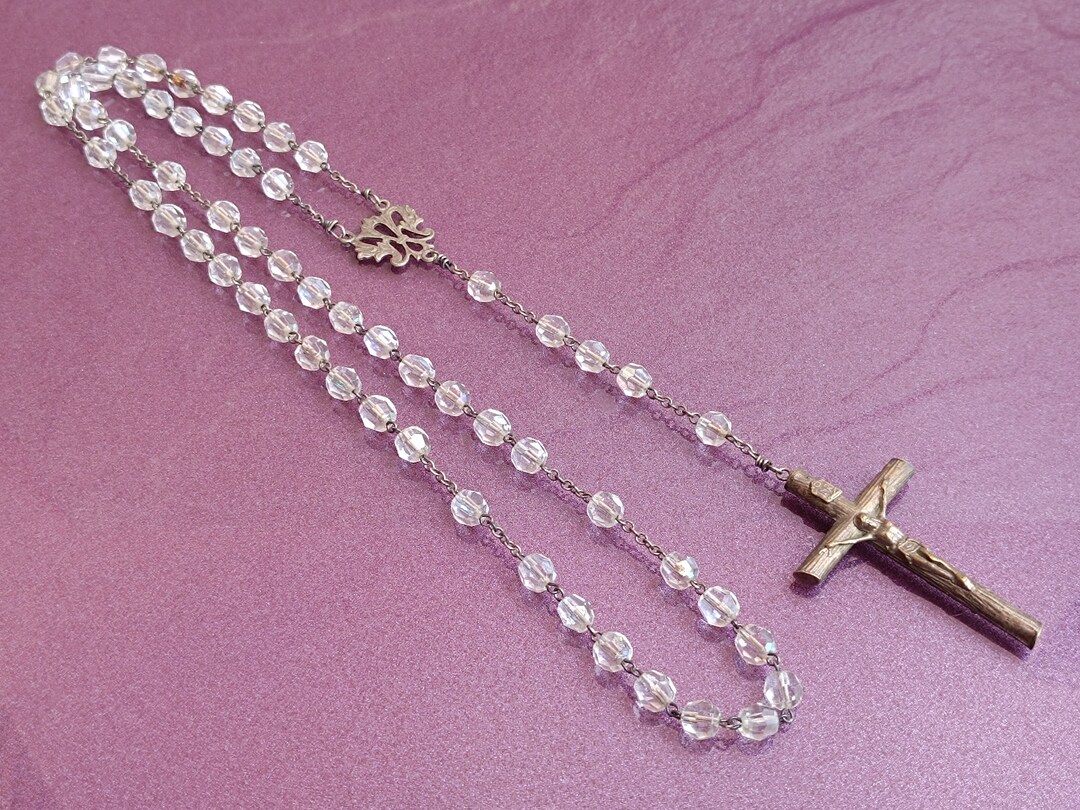 1950 Silver Rosary, French Murano Glass and Silver Cross, Jesus Christ ...