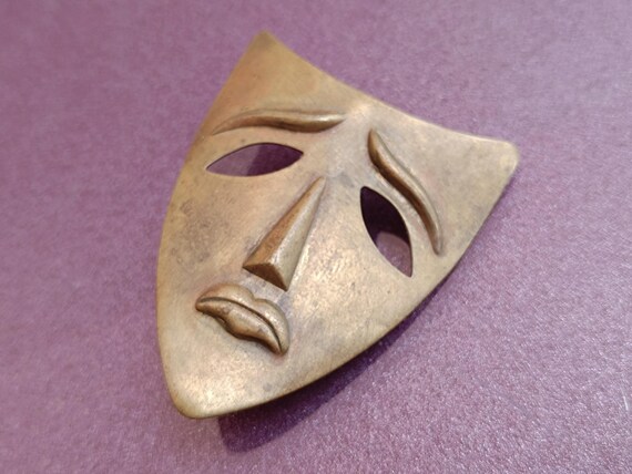 1980s Actor Mask Brass Brooch, Actor Mask Brooch, Vin… - Gem