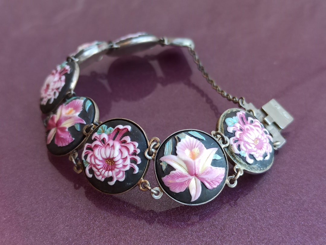 1930s Silver Porcelain Bracelet, Ceramic Silver Bracelet, Flowers ...