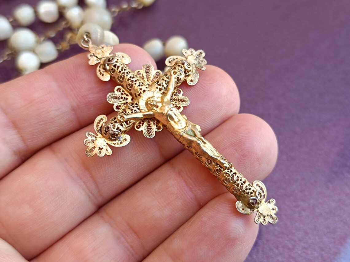 1800s Gold Filled Filigree Mother of Pearl Silver Religious Catholic ...