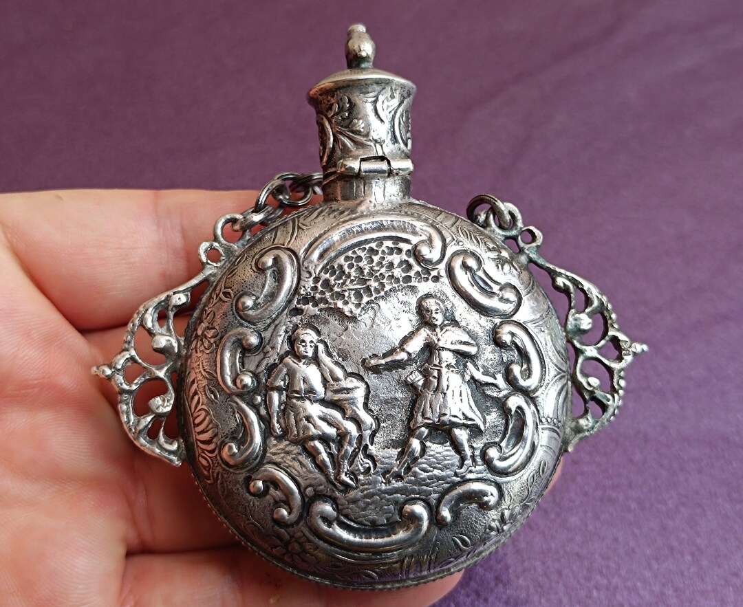 1800s Silver 800 Powder Flask, Collectible Powder Flask, Powder Bottle ...