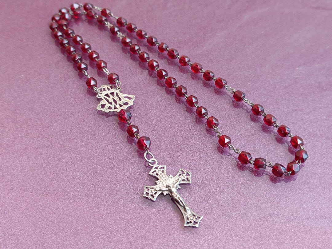 1930 Silver Rosary, Murano Glass and Silver Cross, Jesus Christ ...