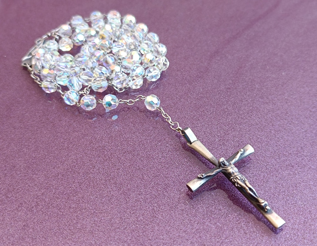 1950 Silver Rosary, French Murano Glass and Silver Cross, Jesus Christ ...