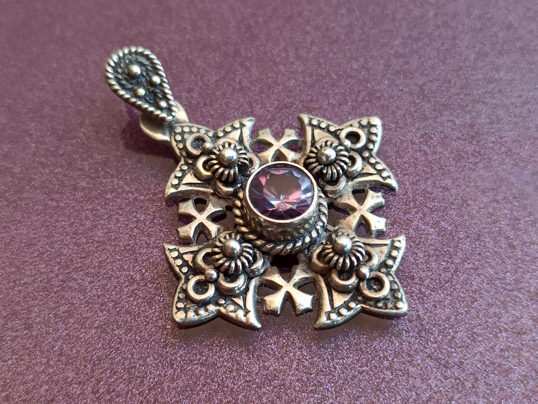 JERUSALEM Alexandrite 925 Silver Cross Pendant, Antique Silver Cross ...