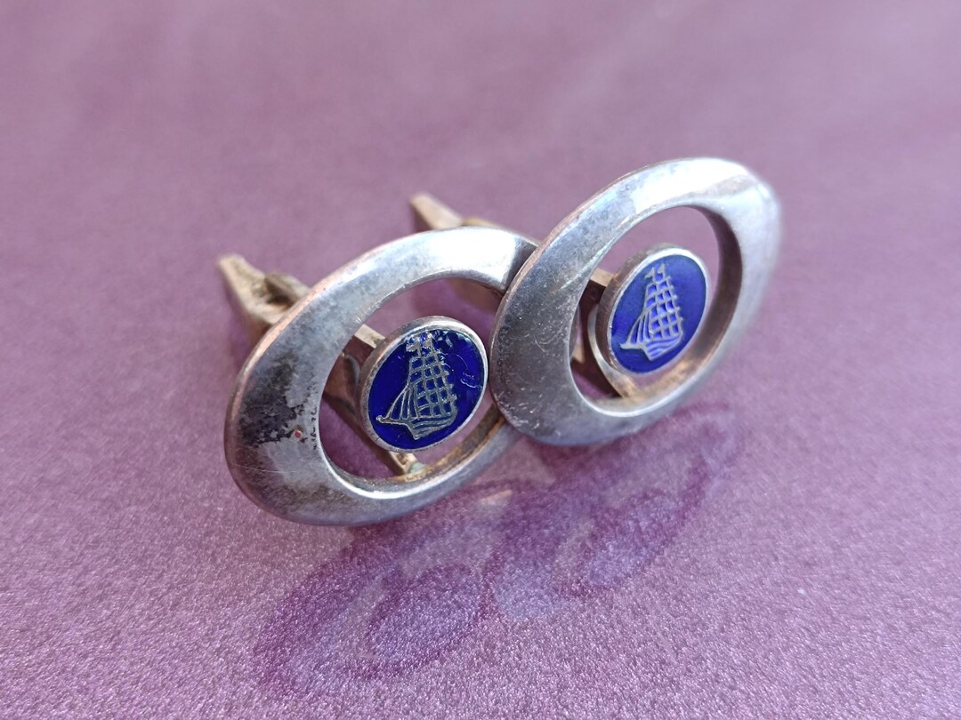 915 Silver Ships Enamel Cufflink, Silver Cufflinks, Vintage Cufflinks ...
