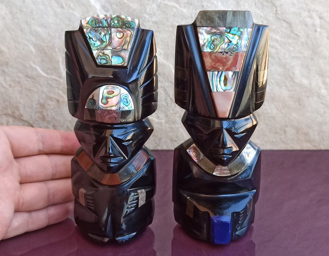 SET Black Obsidian Inca God Figurine, Obsidian Skull Huge, Carved ...