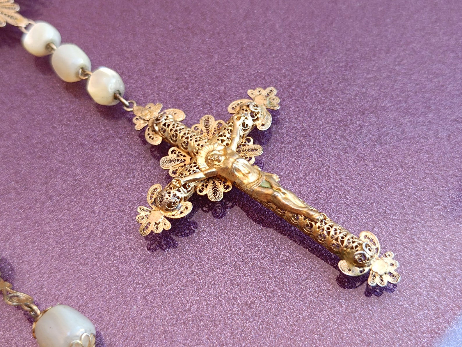 1800s Gold Filled Filigree Mother of Pearl Silver Religious Catholic ...