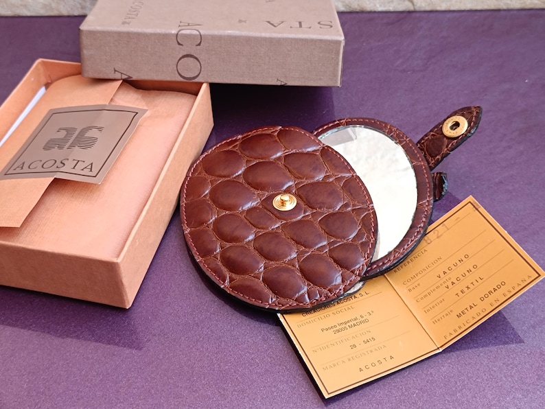1980s ACOSTA Leather Certificated Mirror With Case, Compact Mirror ...