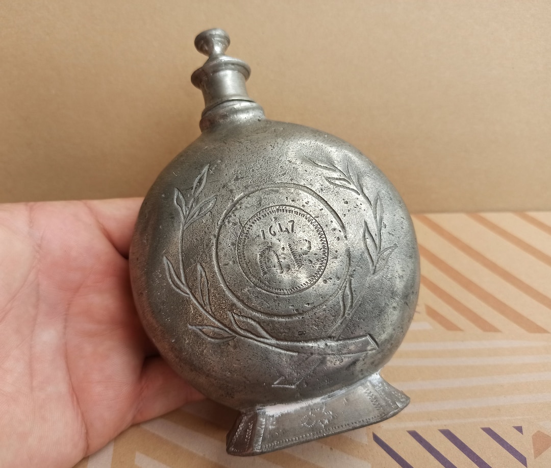 1647 French Pewter Round Flask "ap 1647", Antique Flask, Round Flask on ...