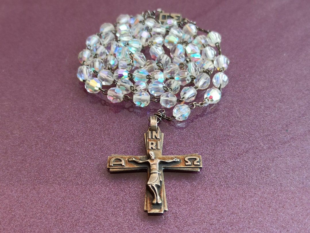 1950 INRI Silver and Glass Catholic Rosary, Jesus Christ Crucifix ...