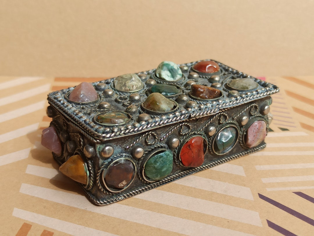 Handmade Silver Plated Jewelry Box With Stones, Stone Silver Box ...