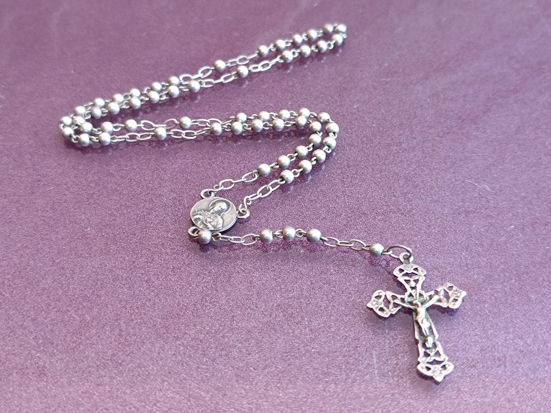 1930s Silver Catholic Rosary, Jesus Christ Cross, Silver Crucifix ...