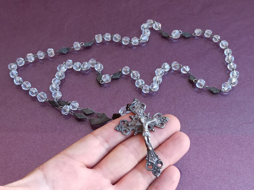 1920 Silver Rosary, French Murano Glass and Silver Cross, Jesus Christ ...