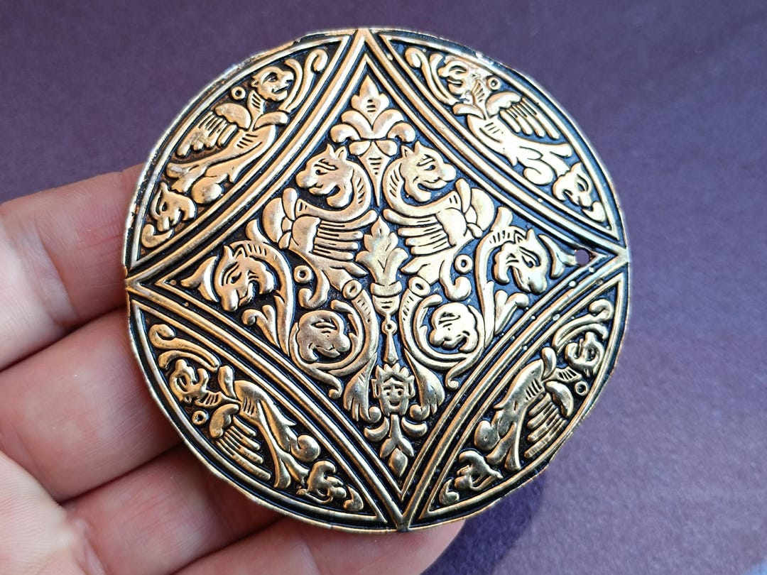 1960s Toledo Damascene Spain, Round Gold Filled Shield, Vintage Gold ...