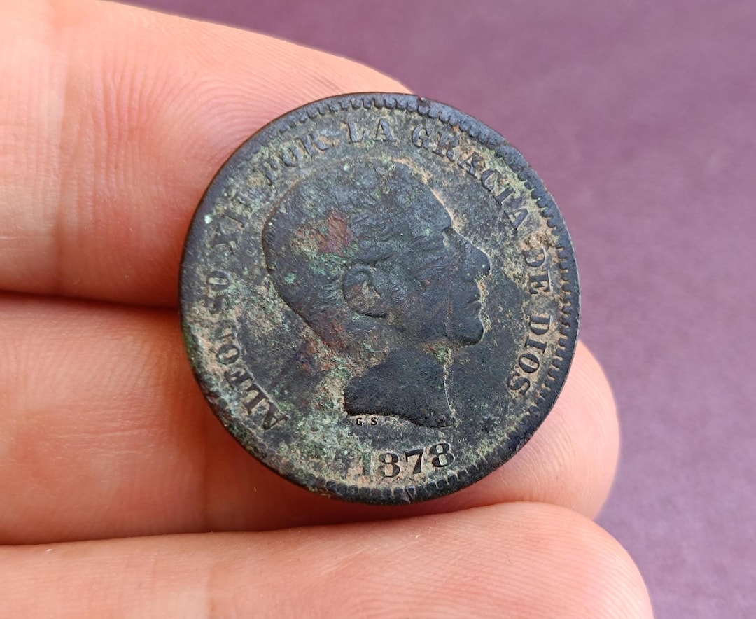 1878 Alfonso XII Cinco Centimos Coin, Uncleaned Coin, Spain - Etsy