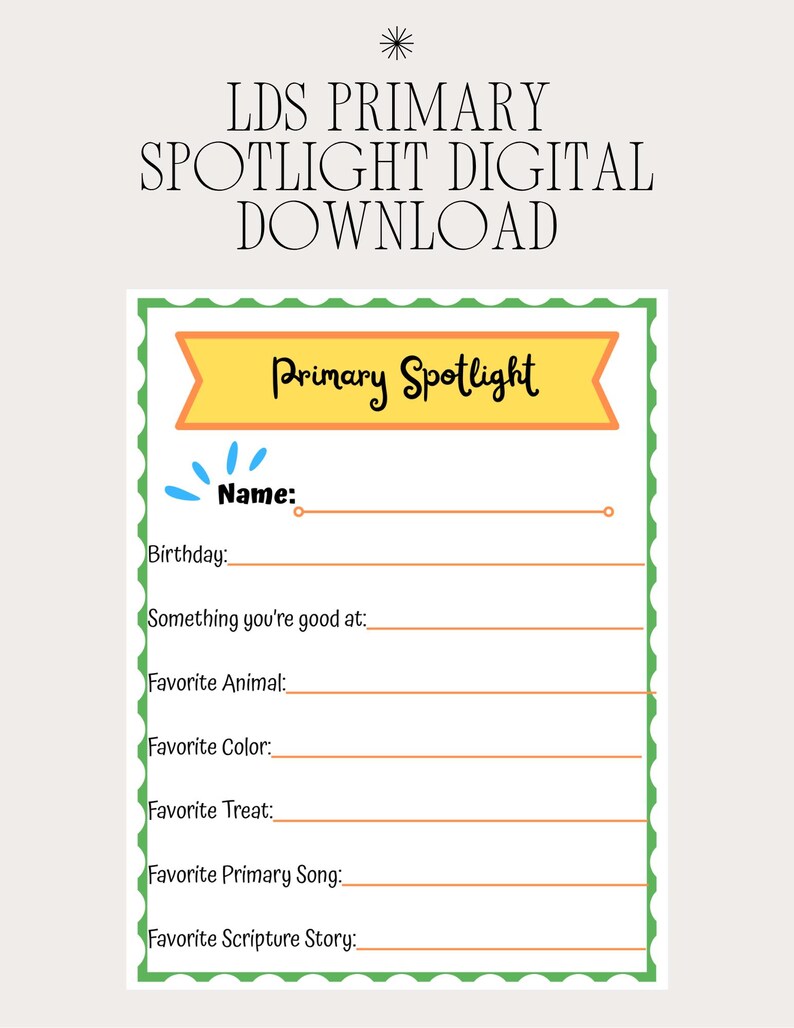Primary Spotlight Printable | LDS Primary Activity Page | Instant ...