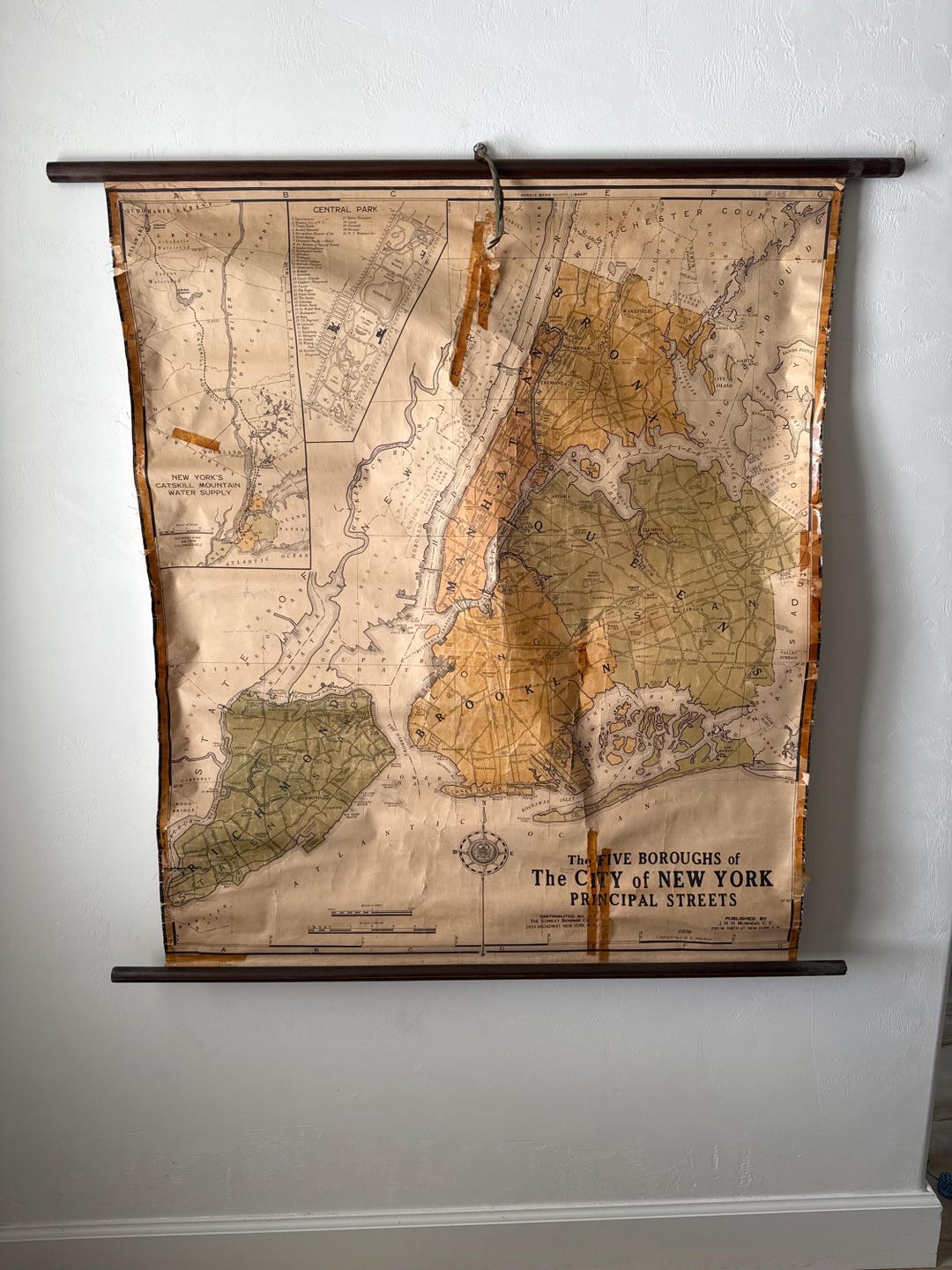 Antique School Pulldown Map of New York Boroughs Bronx Queena Brooklyn Manhattan Staten Island ...