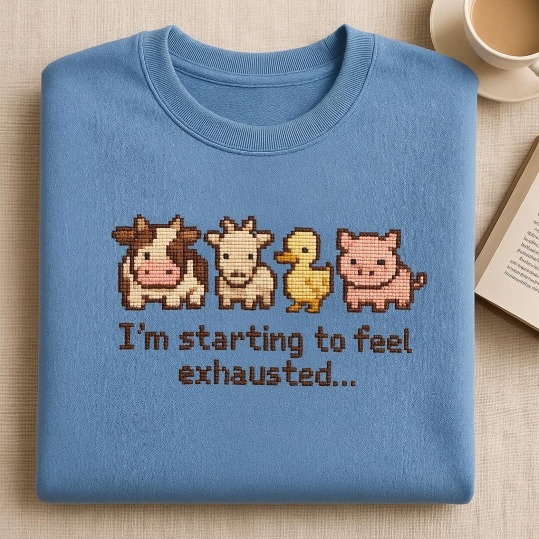 Pixel Farm Animals Embroidered Sweatshirt, Cow Duck Pig Tired Crewneck ...