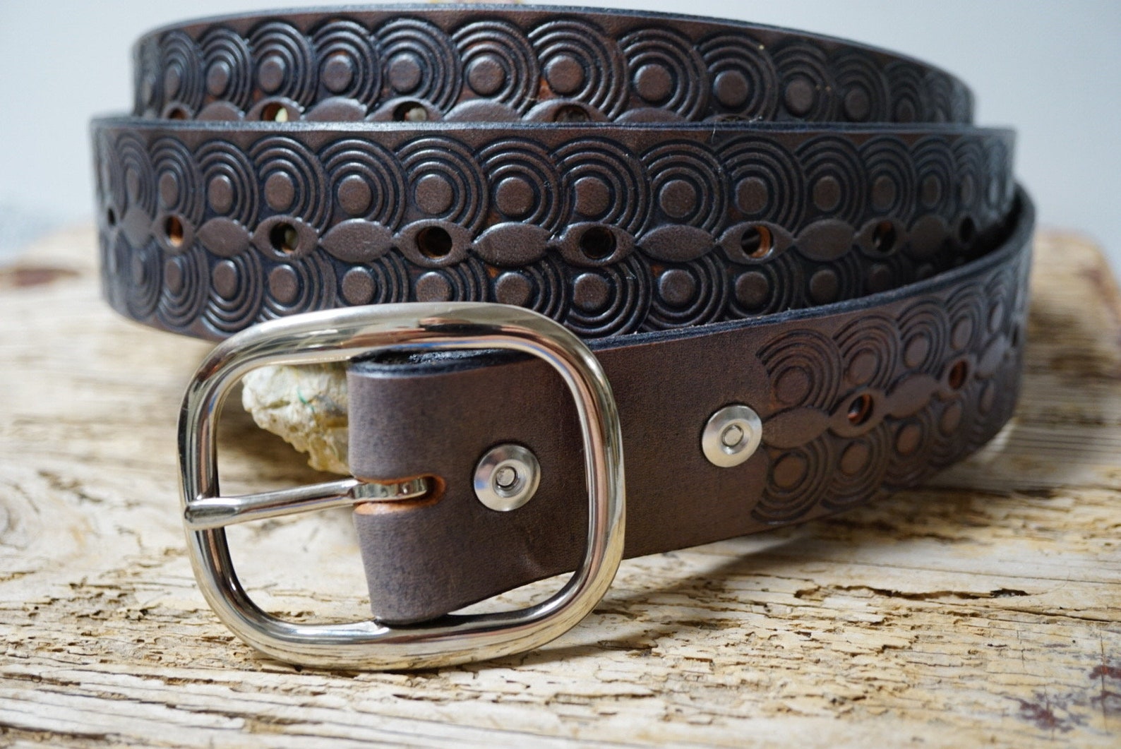 Grey Brown Leather Belt, Groovy, Hand Stamped Geometric Belt, OOAK - Etsy
