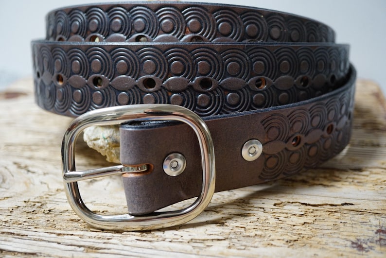 Grey Brown Leather Belt, Groovy, Hand Stamped Geometric Belt, OOAK - Etsy