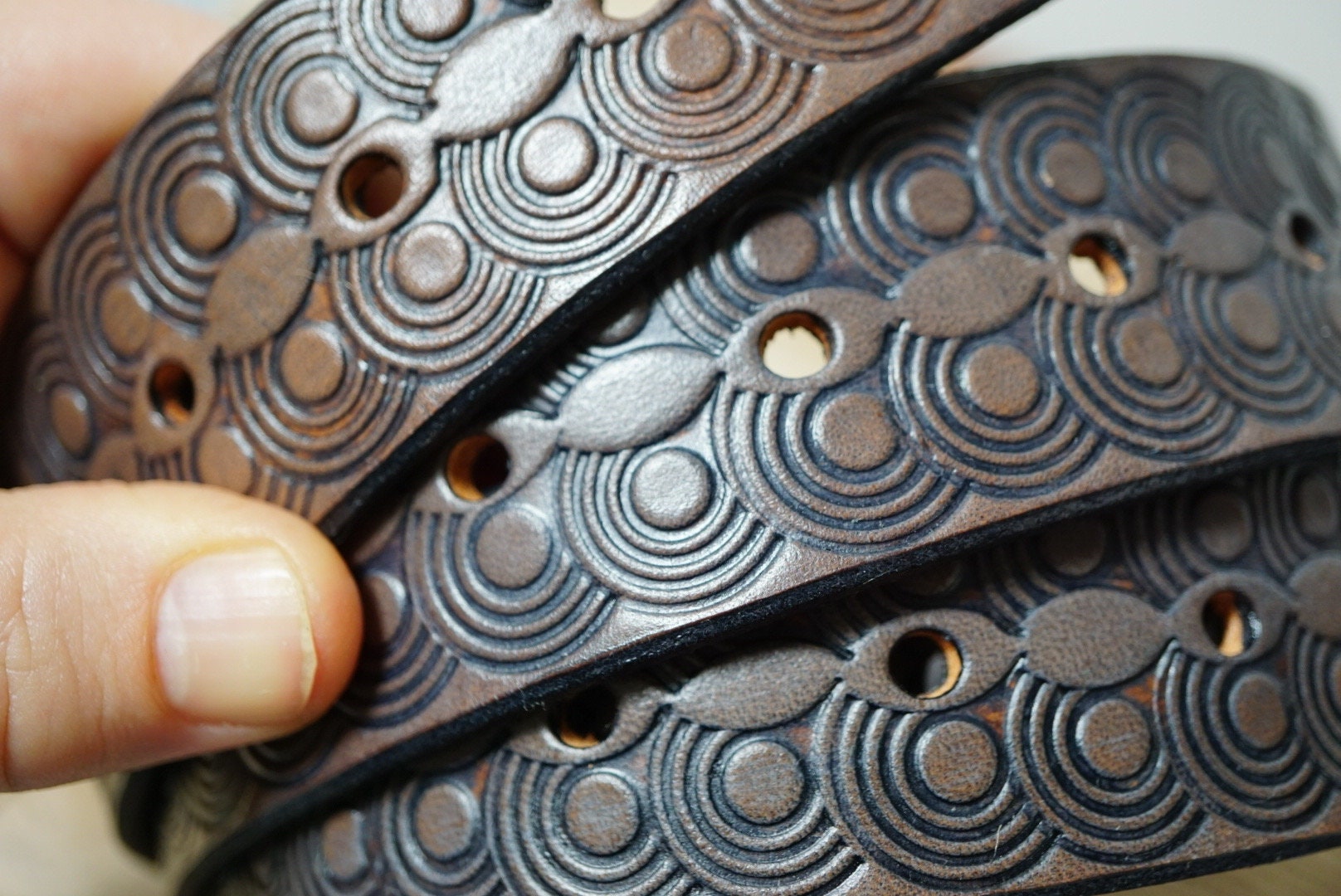 Grey Brown Leather Belt, Groovy, Hand Stamped Geometric Belt, OOAK - Etsy